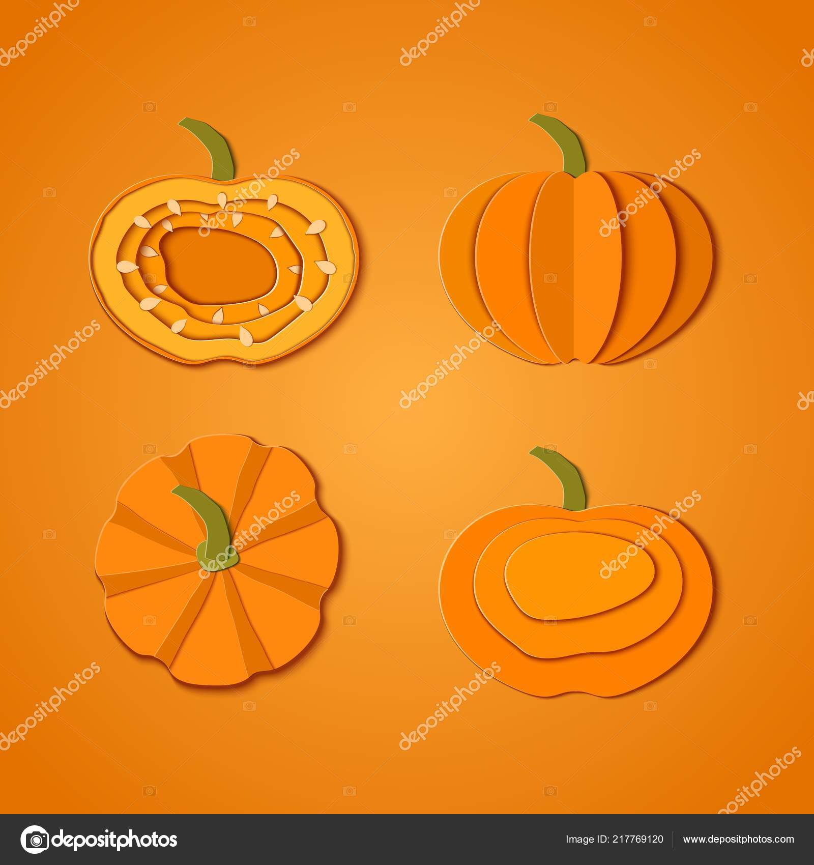 Set of paper cut orange pumpkins. Origami pumpkin whole, a piece, slice ...