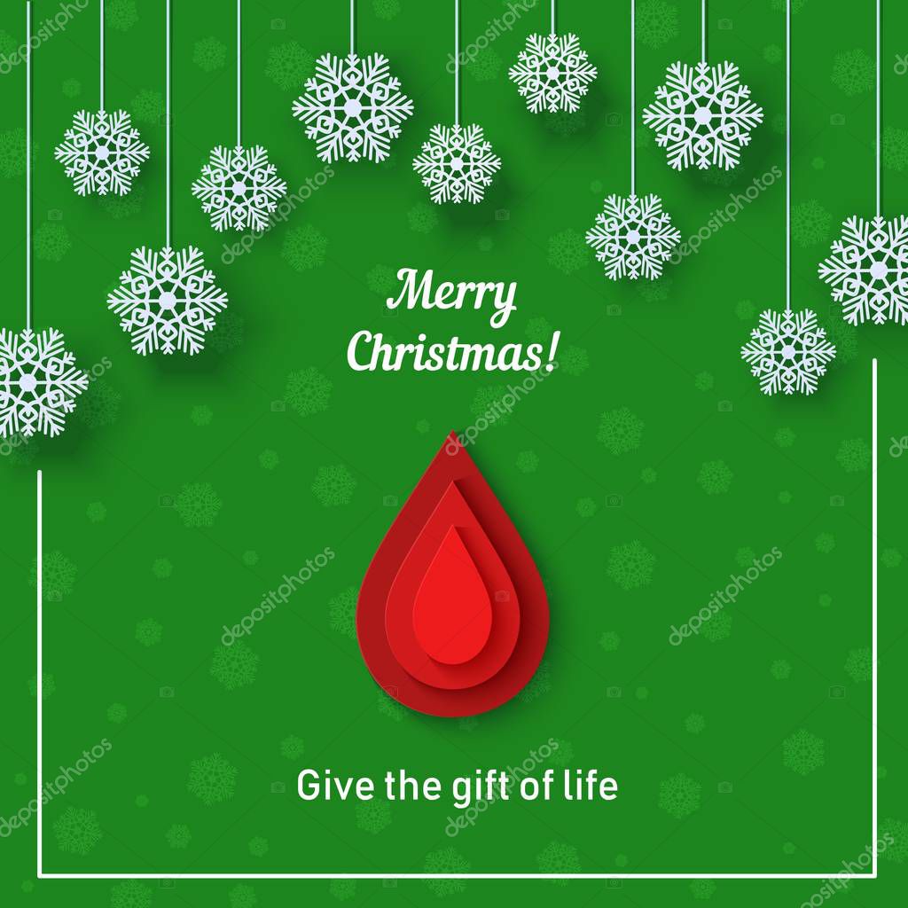 Tarjeta roja de donación de sangre en estilo de corte de papel. Gracias Feliz Navidad ...