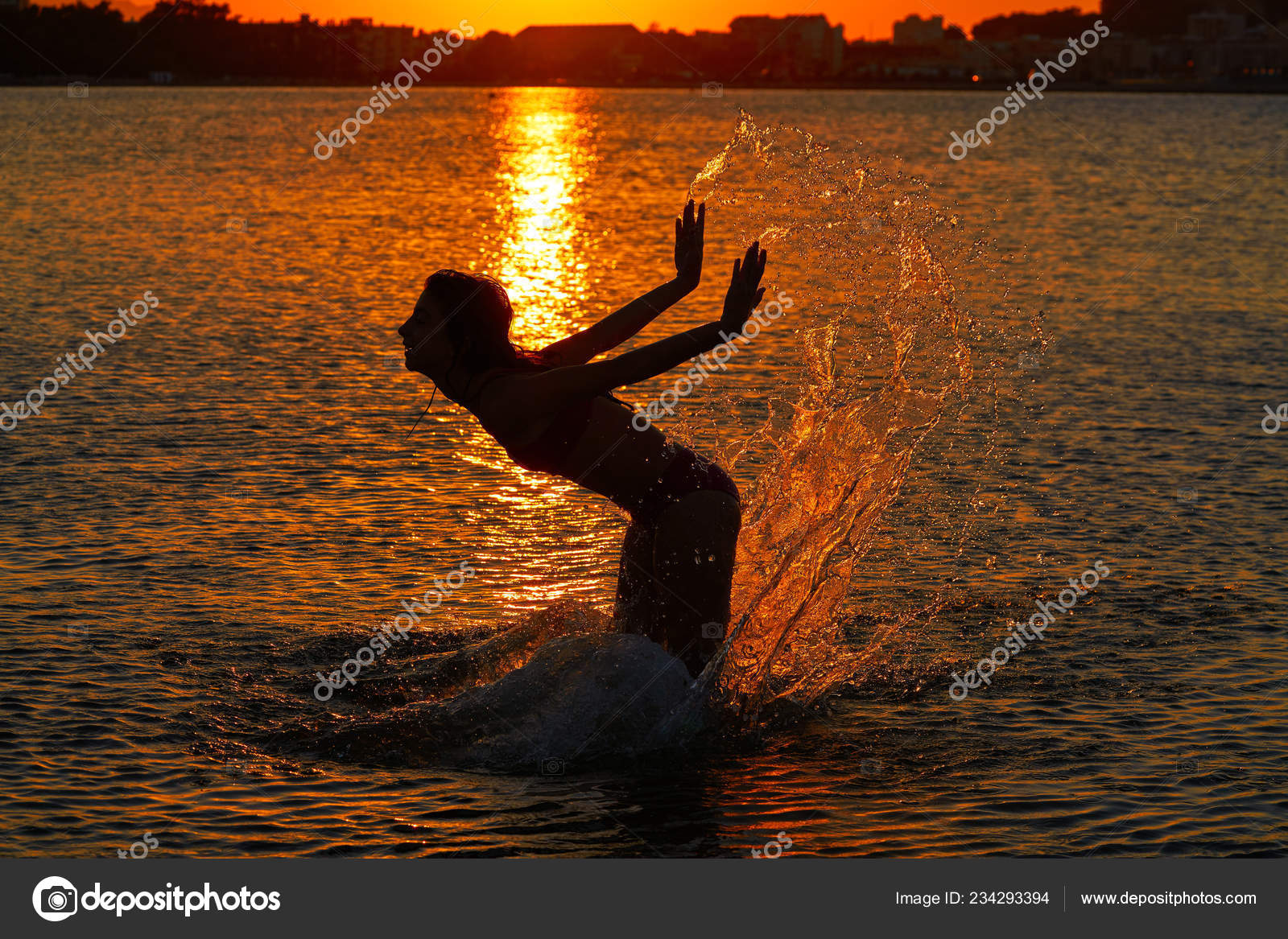 Girl Splashing Water Hands Sunset Beach Orange Sky — Stock Photo ...