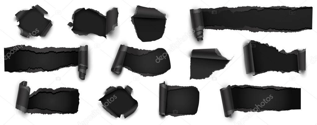 Colección de papel negro roto aislado en blanco. Ilustración vectorial 2023