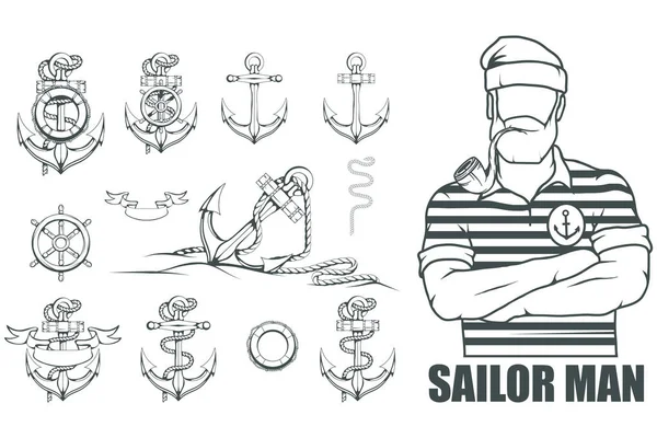 Hand Drawn sailor. Cartoon bearded man character. Sailor character head. Anchor Tattoo patch ...