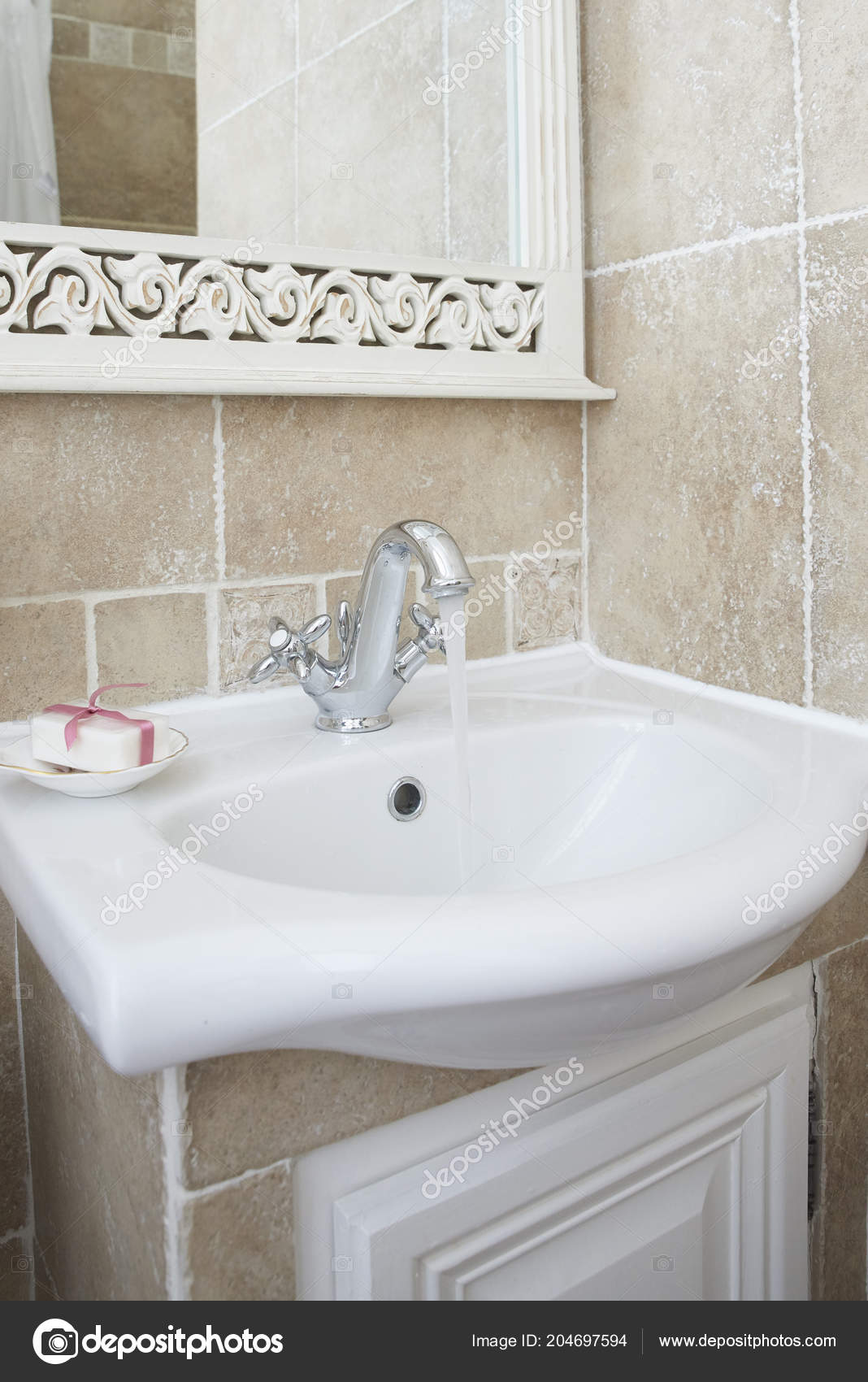 Shot Interior Bathroom Sink Basin Faucet Open Chrome Faucet Washbasin ...