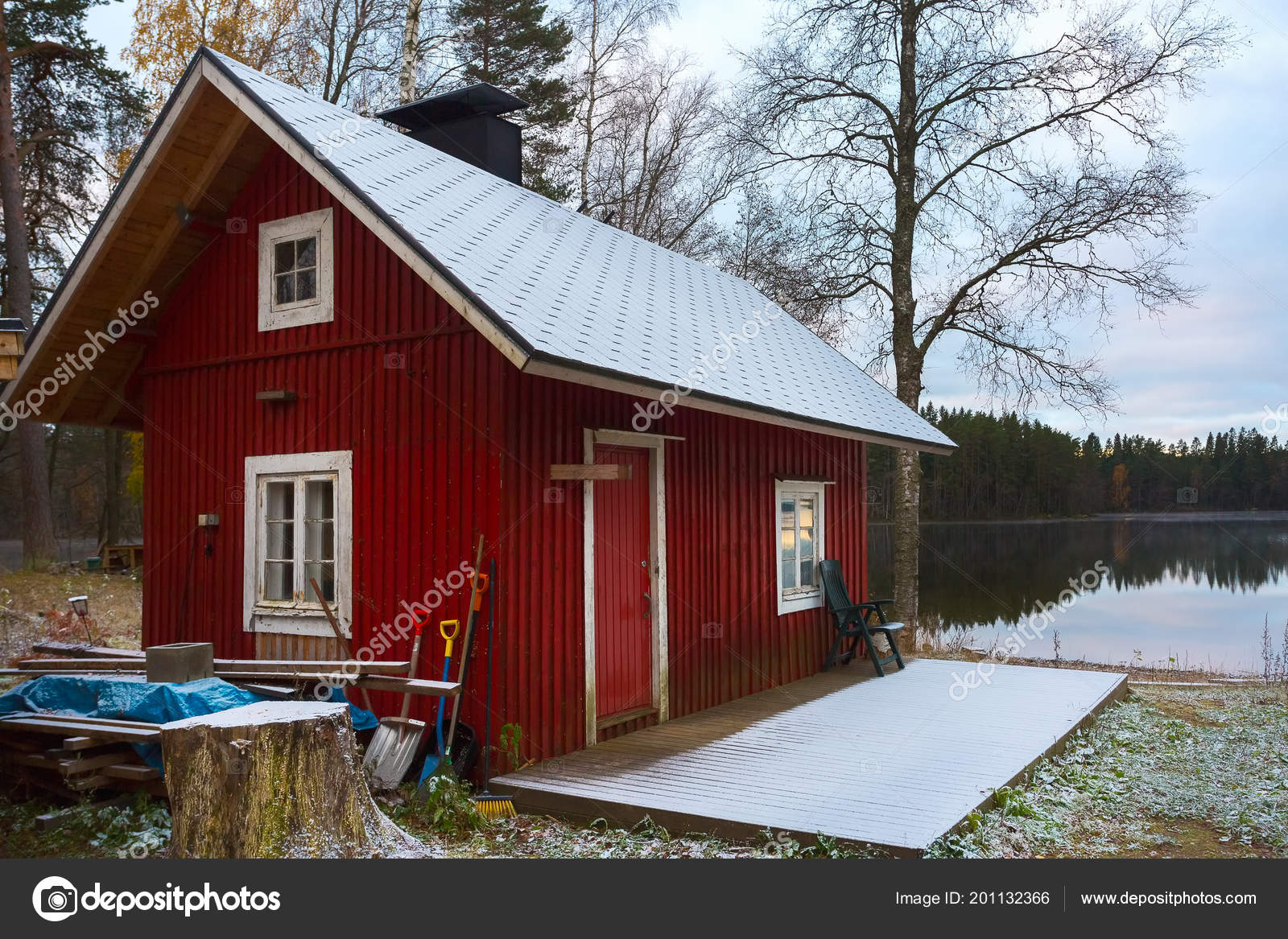 Small Finnish Lodge Red Color Lake Fall First Snow Stock Photo by ...