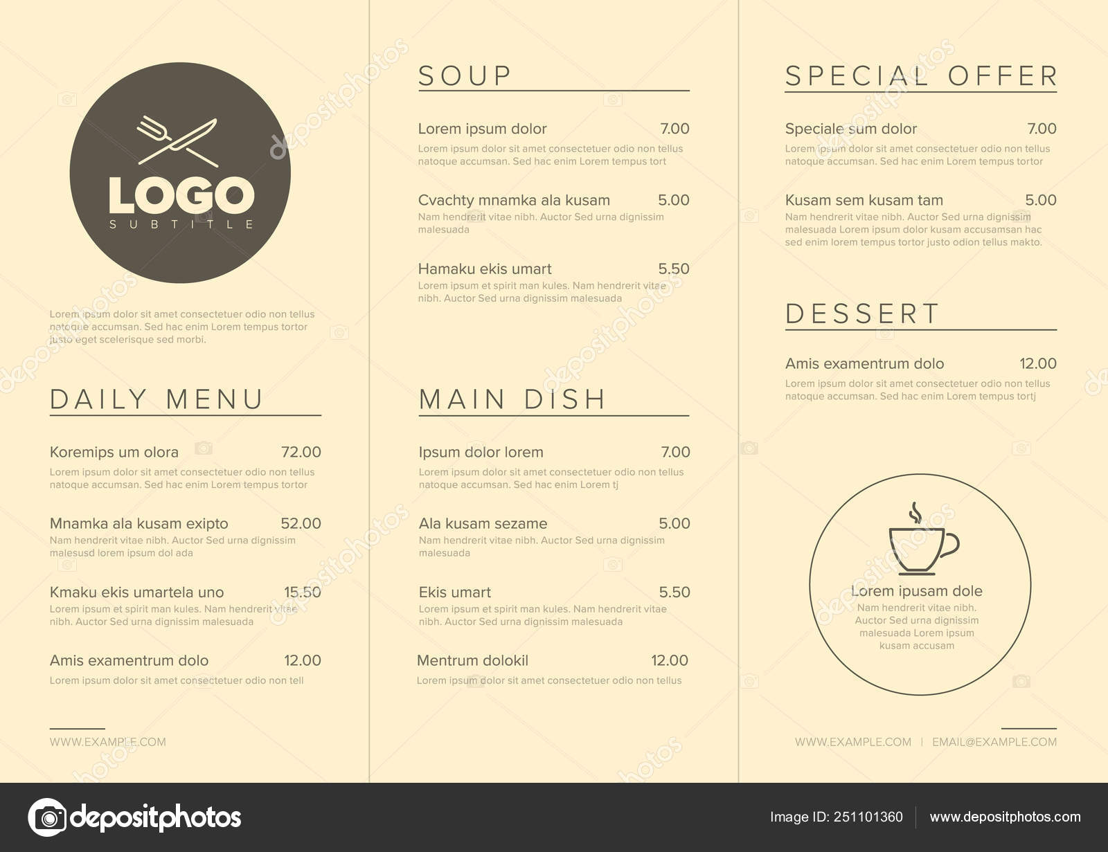 Modern Light Brown Minimalistic Restaurant Menu Template Three Columns ...