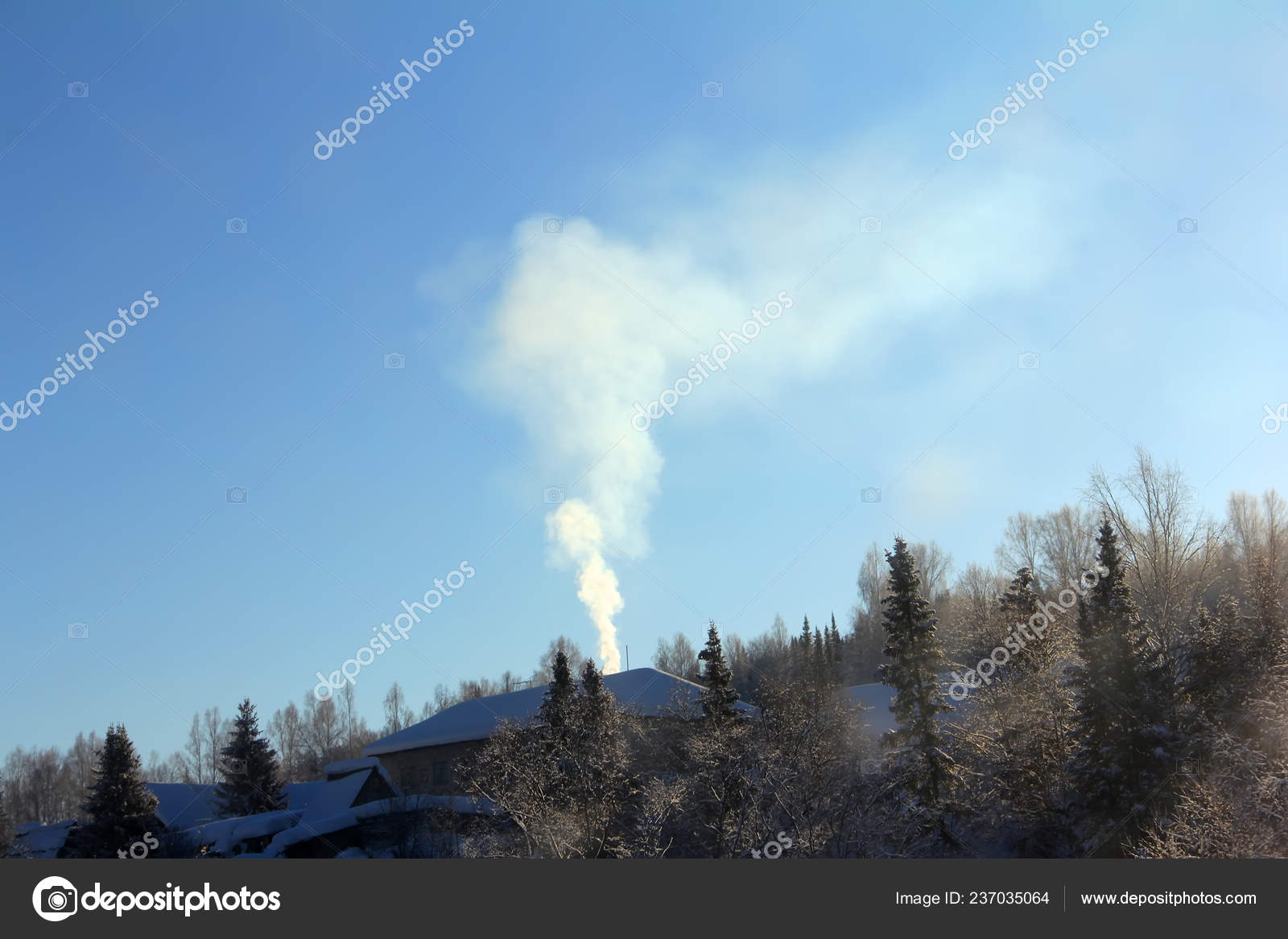 A column of smoke from the chimney rises up above the roof into the ...