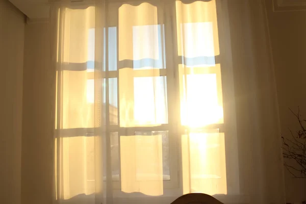 Window silhouette on the curtains. Rays of sunshine through a white ...