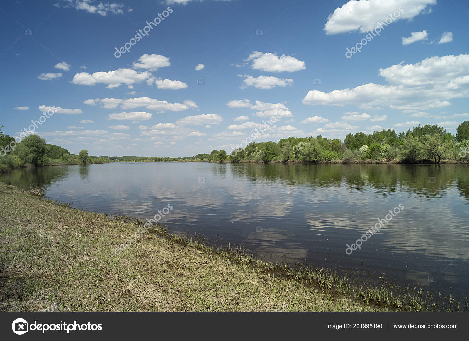 Paisaje Primaveral Con Río Terreno Rural Sobre Fondo Cielo Azul ...