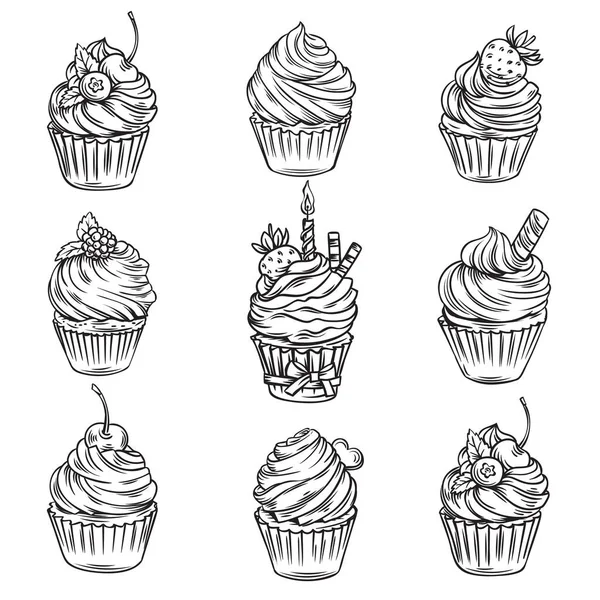 Set Cupcakes Black White Hand Drawn Illustration Cupcakes Decorated Cream Stock Vector Image by ...