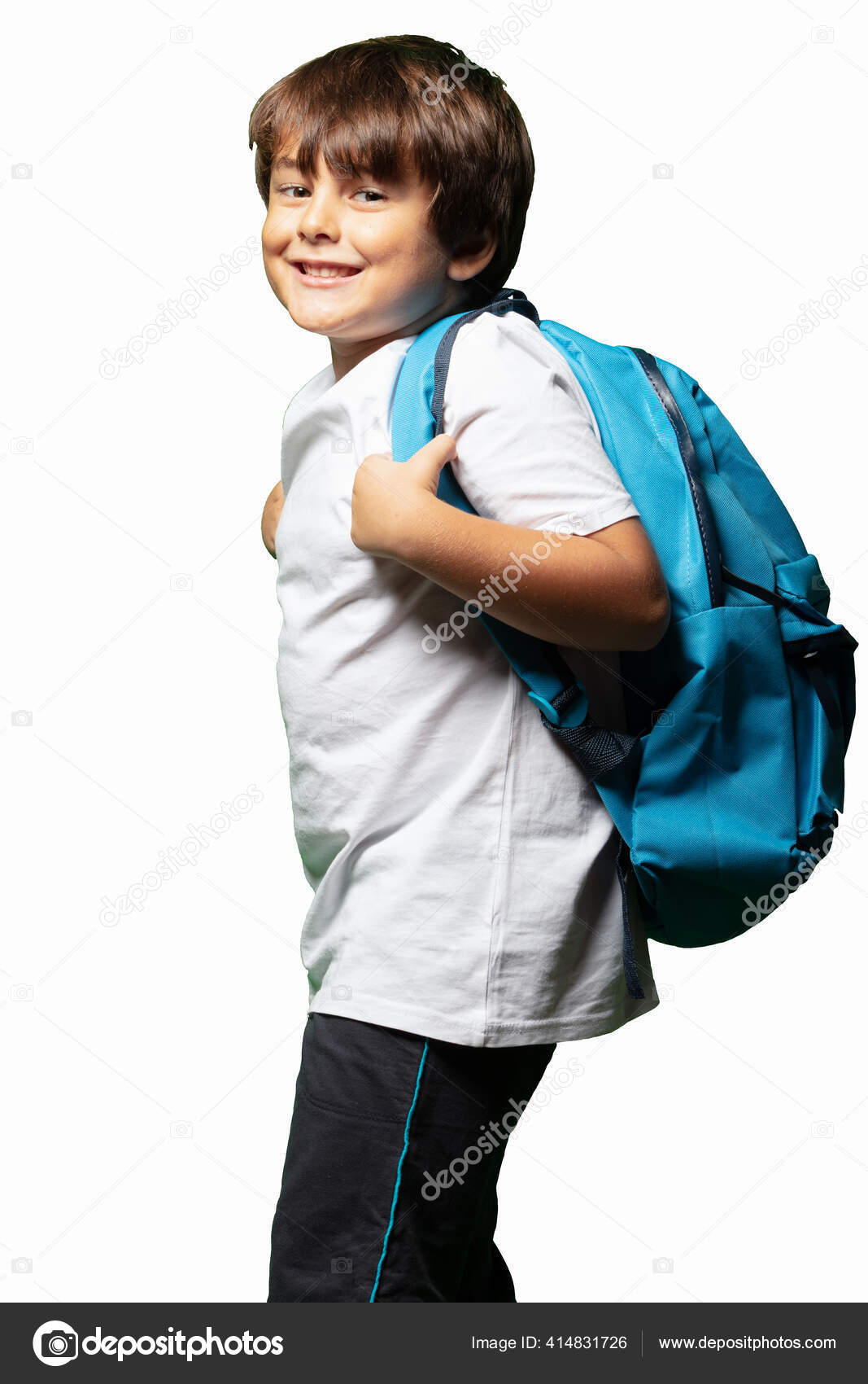 Kid Boy Wearing Backpack Standing Isolated White Background Stock Photo ...