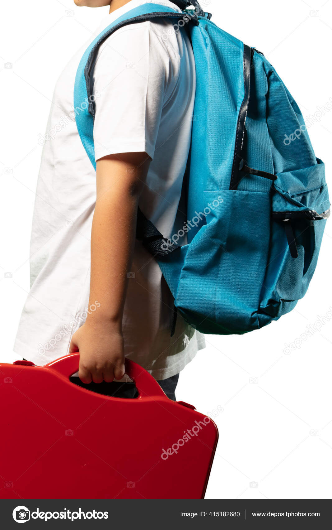 Kid boy wearing backpack standing over isolated white background Stock ...