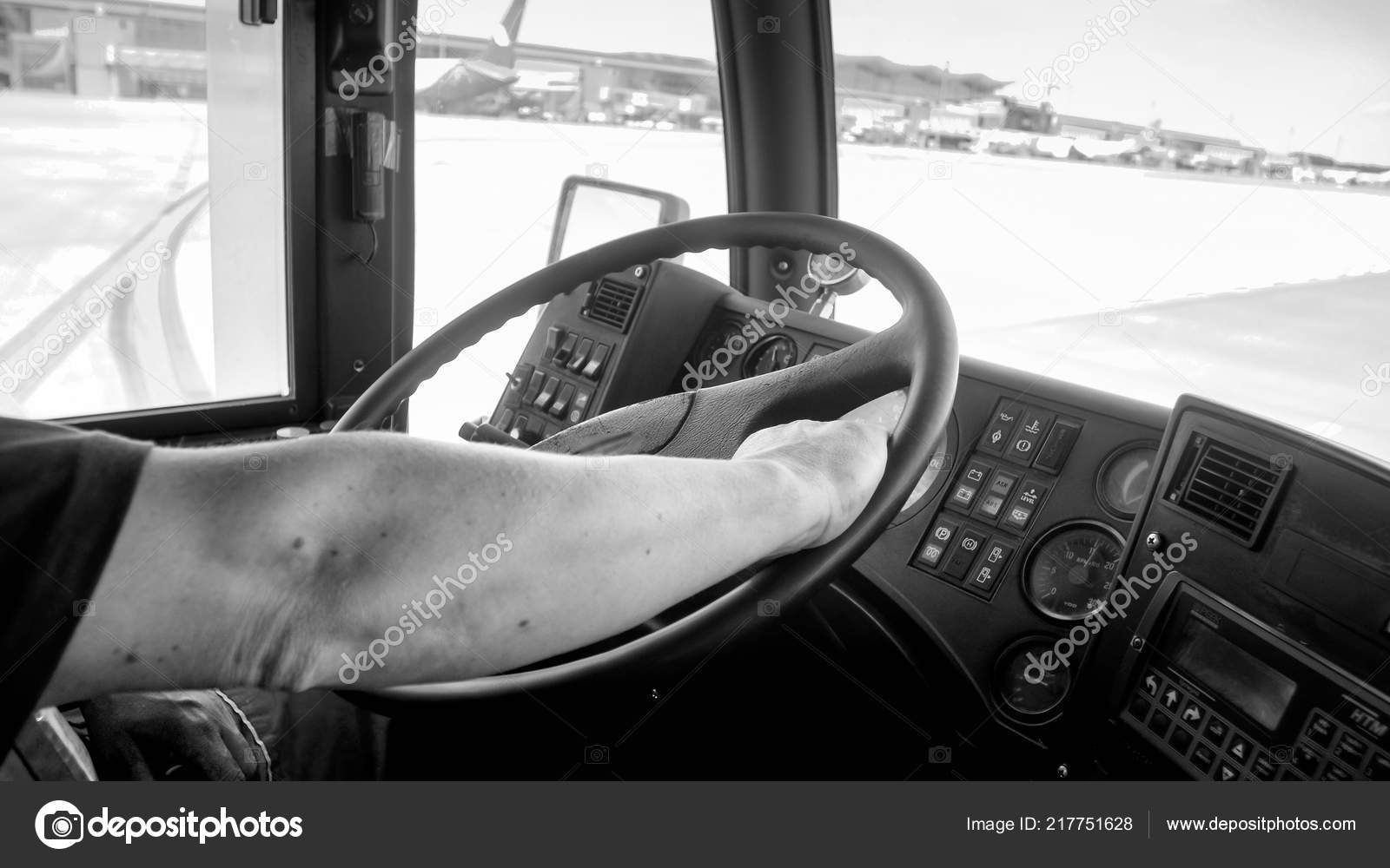 Black and white image of passenger bus riding on airport runway Stock ...