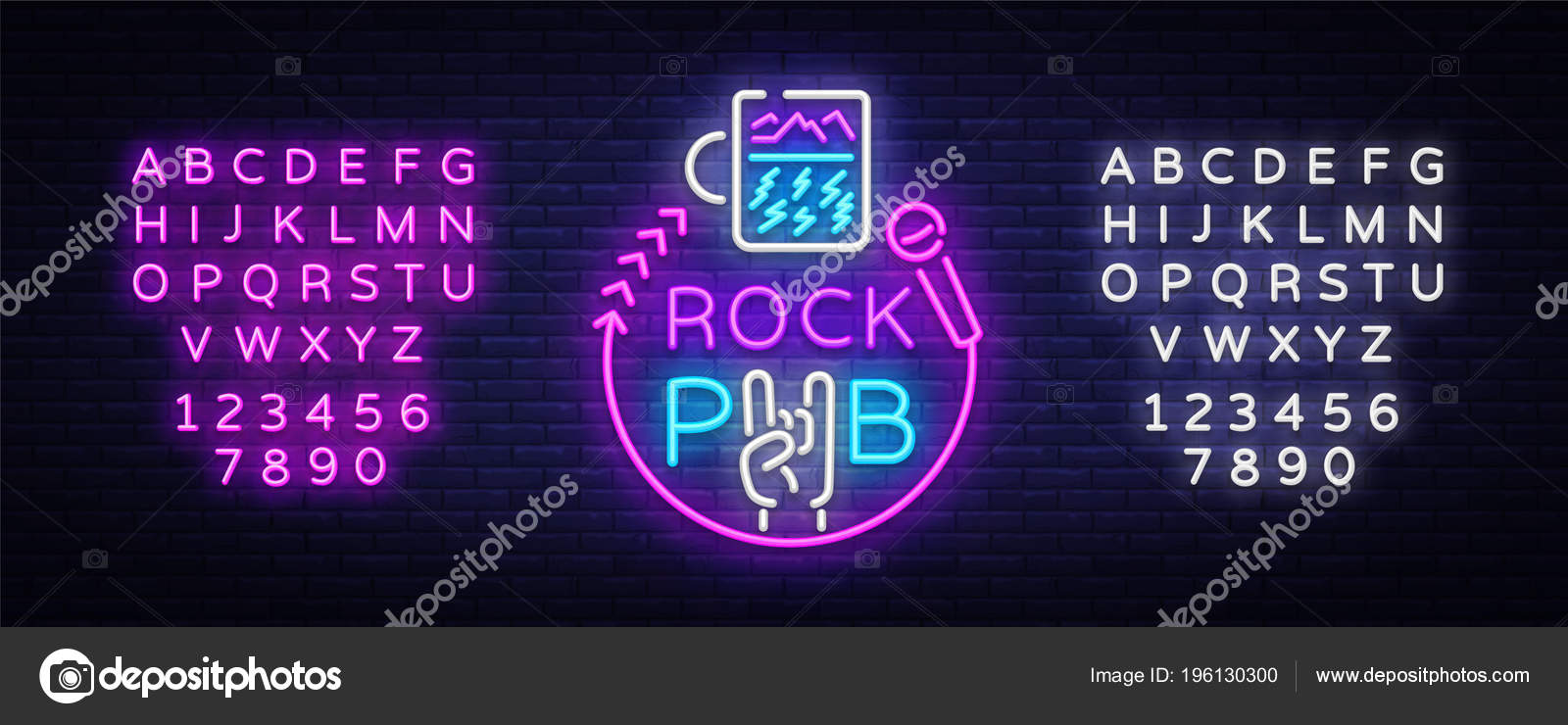 Rock Pub Logo Neon Vector. Rock Bar Neon Sign, Concept with a glass ...
