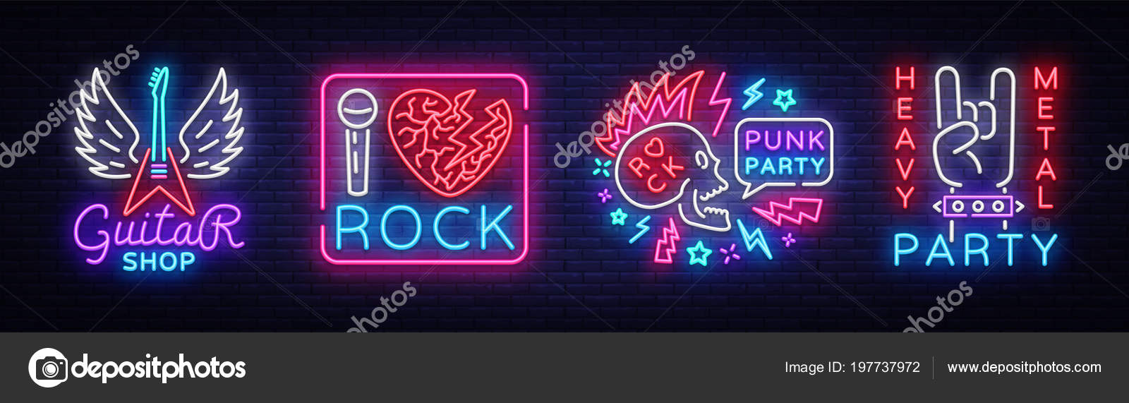 Rockové hudební kolekce Neon znamení vektor. Rocková hudba nastavení ...