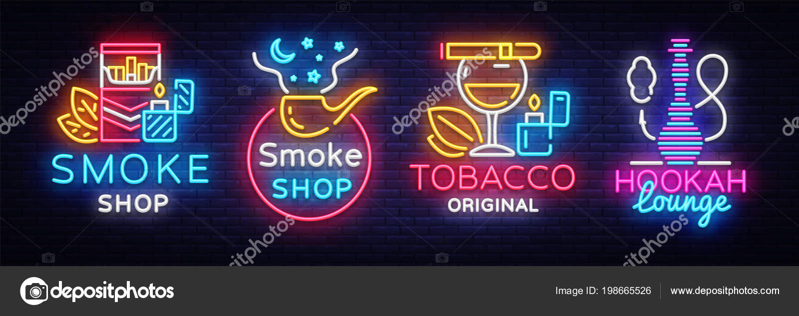 Cigarette Shop Logo collection Neon Vector. Smoke shop neon signs ...