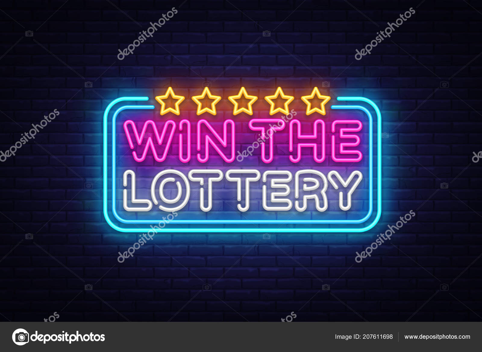 Menangkan templat desain vektor teks Lottery neon. Lotto simbol logo ...