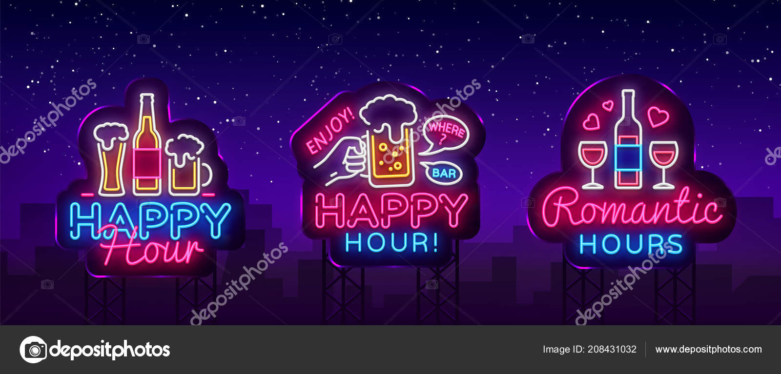 Happy Hour neon sign collection vector. Happy Hour Design template neon ...