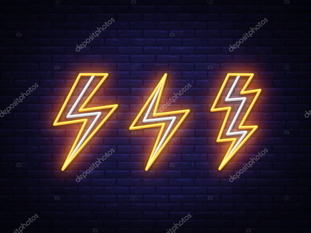 Rayo fijado señales de neón. Plantilla de diseño vectorial. Símbolo de ...