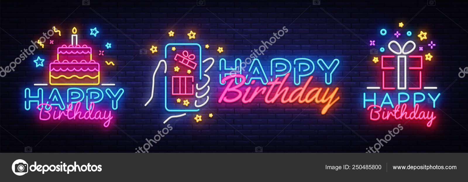 Big collectin neon signs for Happy Birthday. Neon Banner Vector. Happy ...