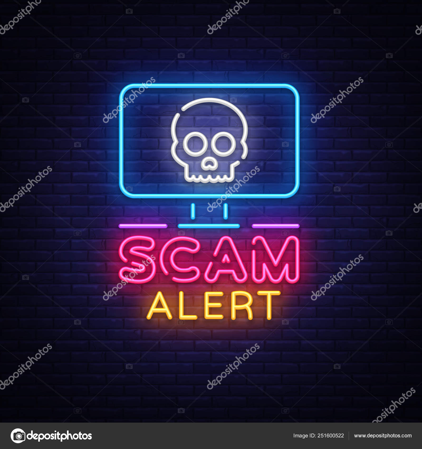 Scam Alert neon sign vector. Scam Alert Design template neon signboard ...