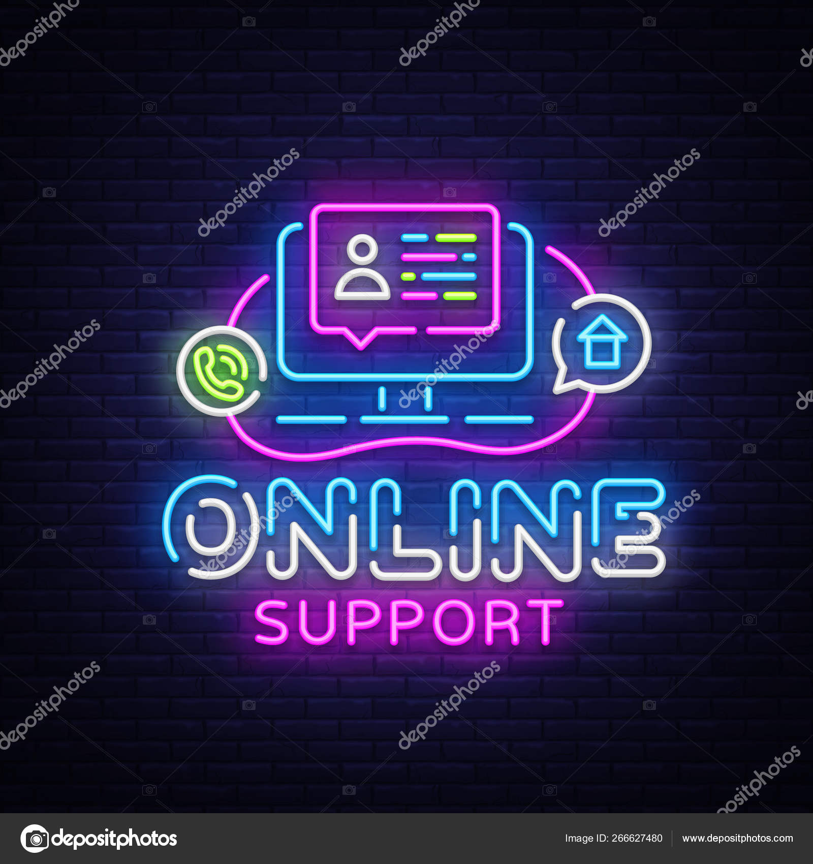 Online Support neon sign vector design template. Call Center neon logo ...