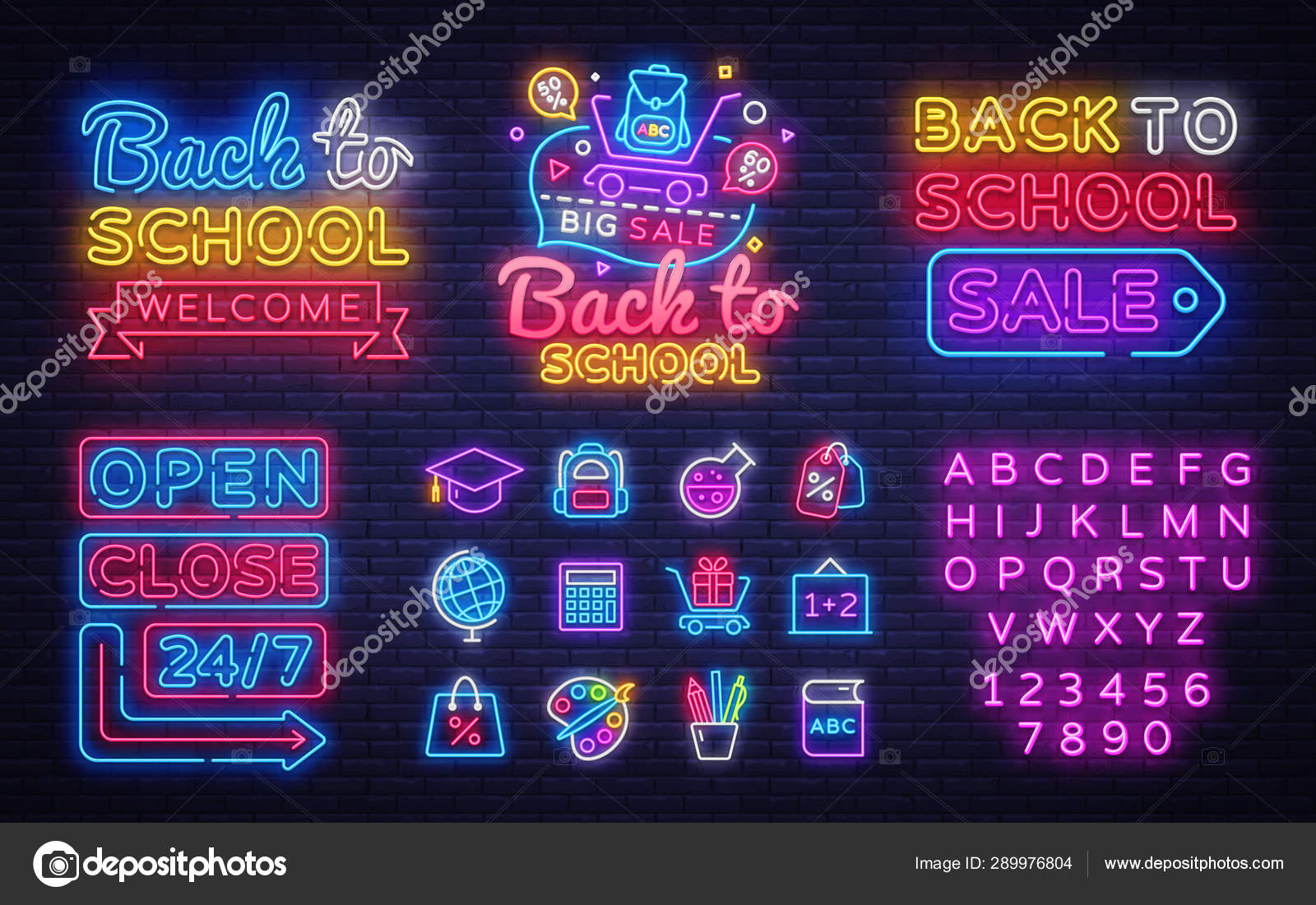School neon icons set. Back to School Sale neon signs design template ...