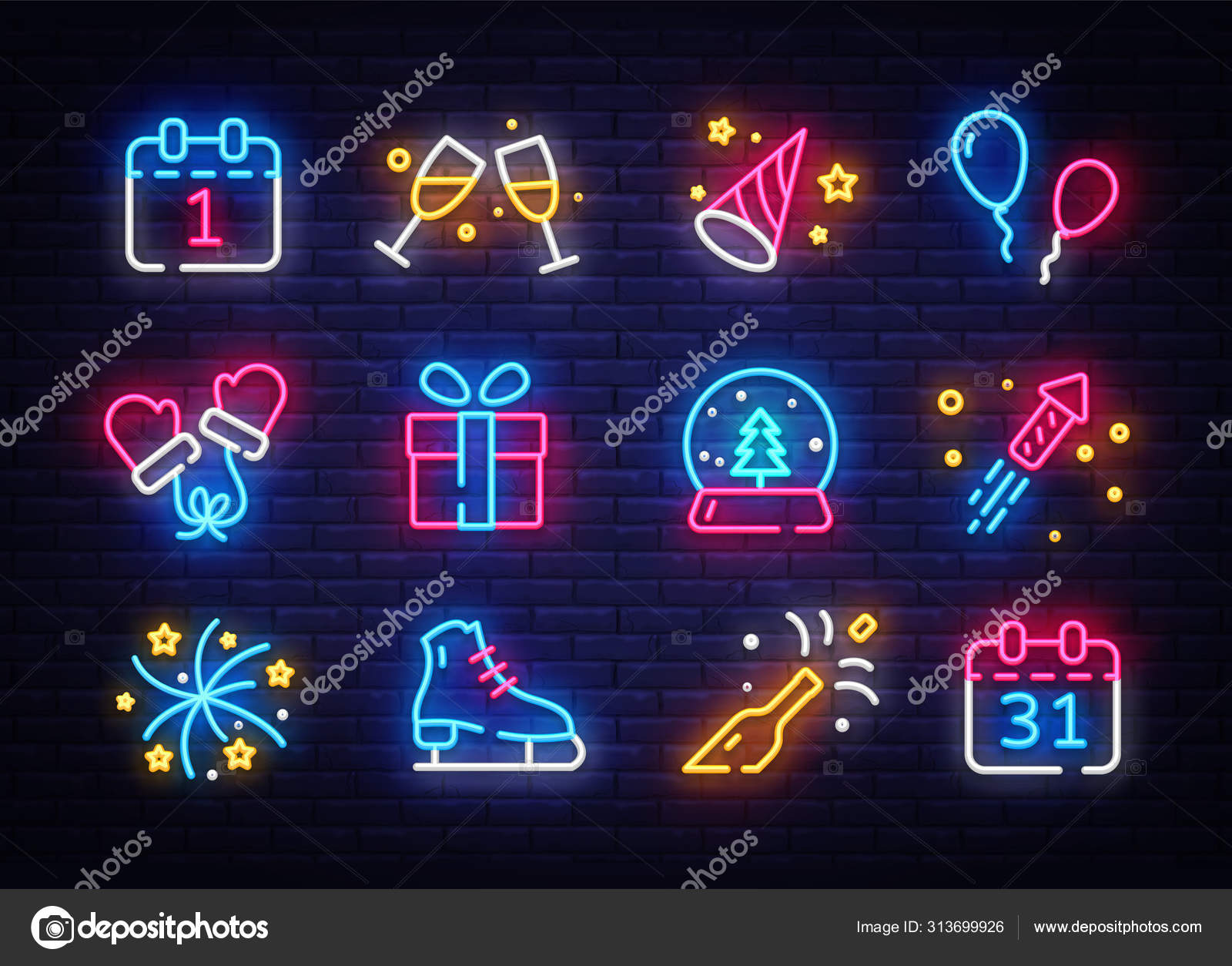 Big collectin New Year neon signs. Happy New Year Neon Icons Vector ...