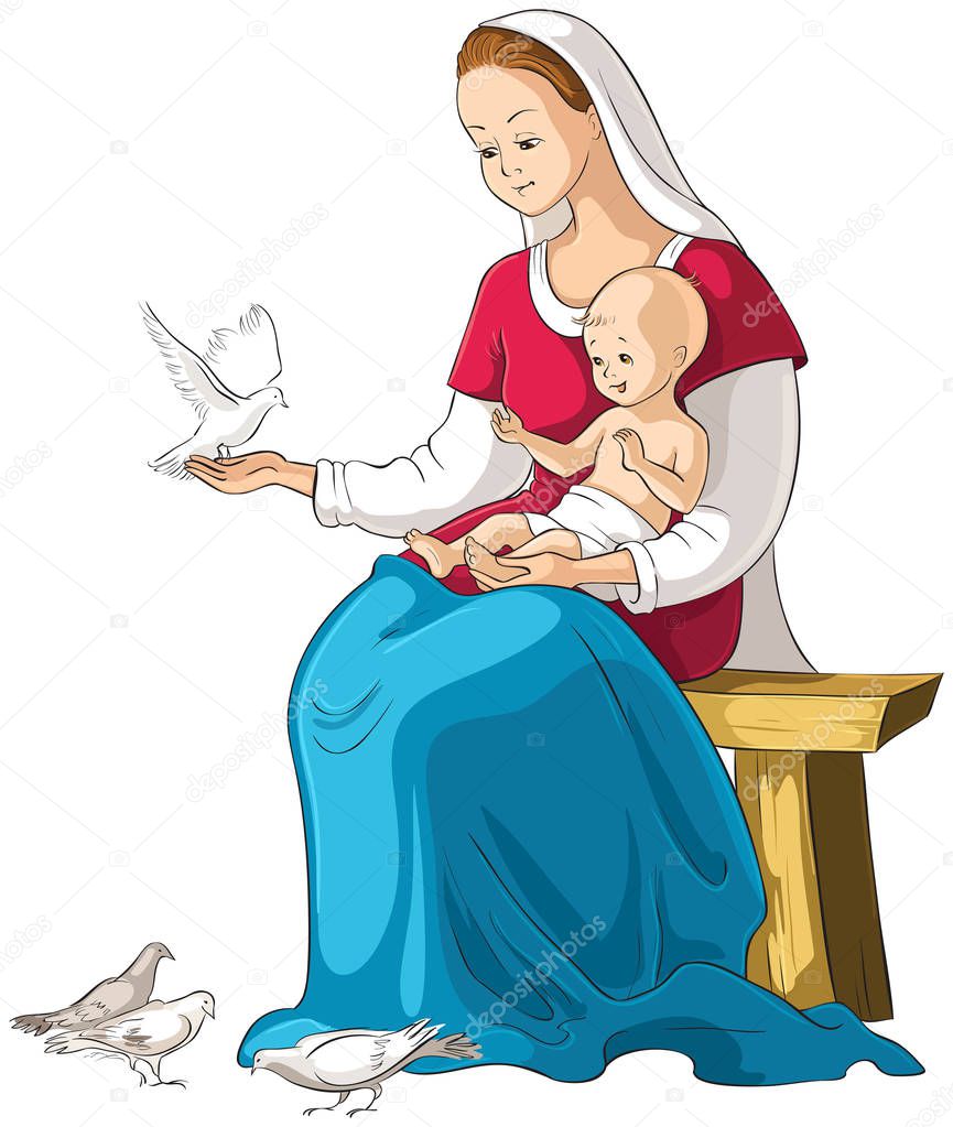 Madre María sosteniendo bebé Jesús vector de dibujos animados ...