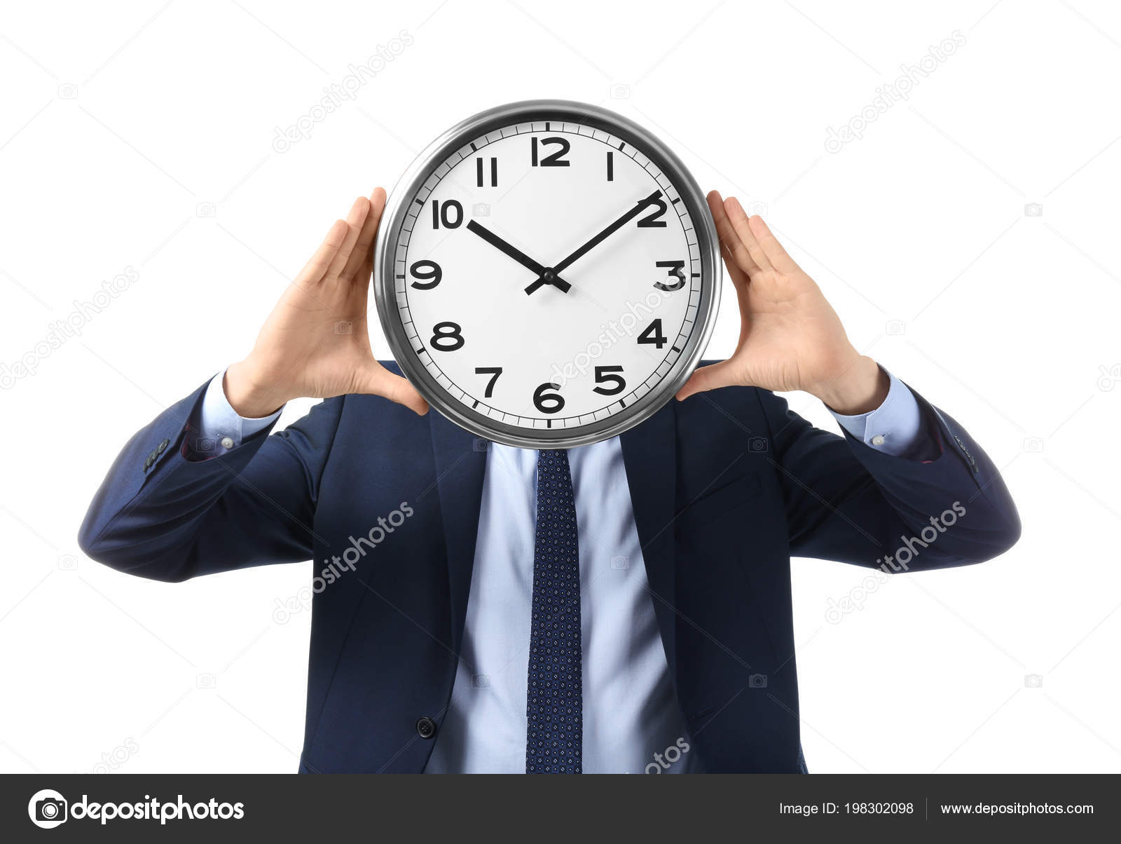 Man Hiding Face Clock White Background Time Management Concept — Stock ...