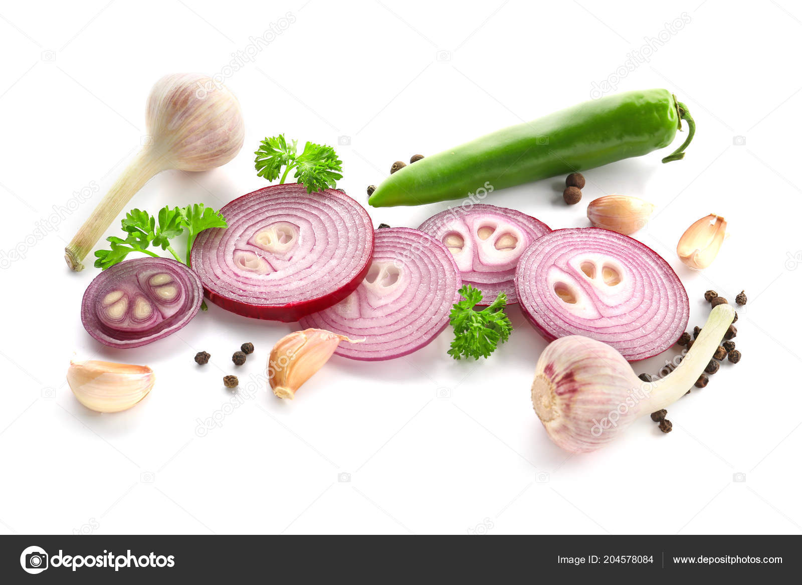 Composition Sliced Red Onion Garlic Spices White Background Stock Photo ...