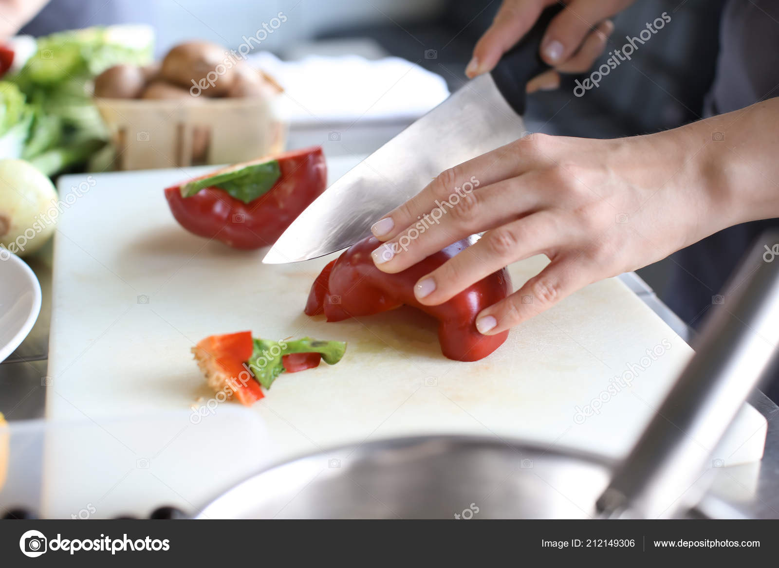 Female Chef Cutting Vegetables Restaurant Kitchen Closeup Stock Photo ...