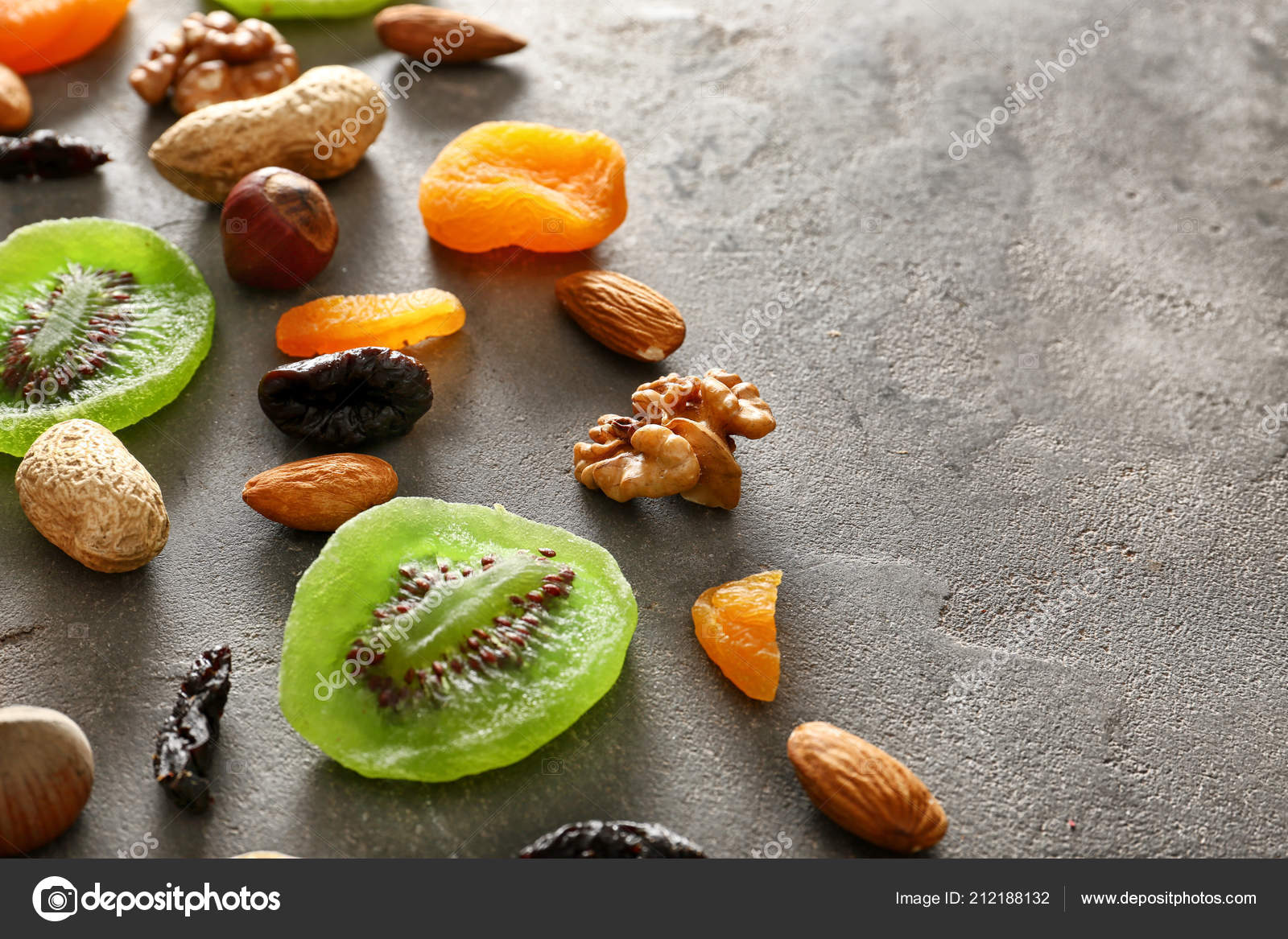 Various Nuts Dried Fruits Grey Textured Background Stock Photo by ...