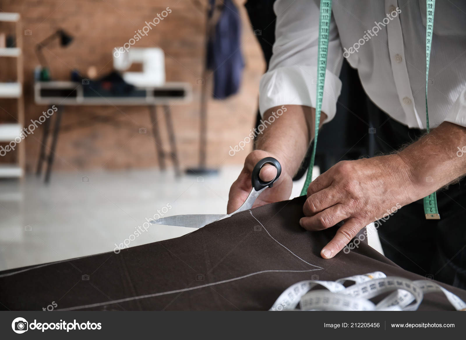 Mature Tailor Cutting Fabric Atelier — Stock Photo © serezniy #212205456
