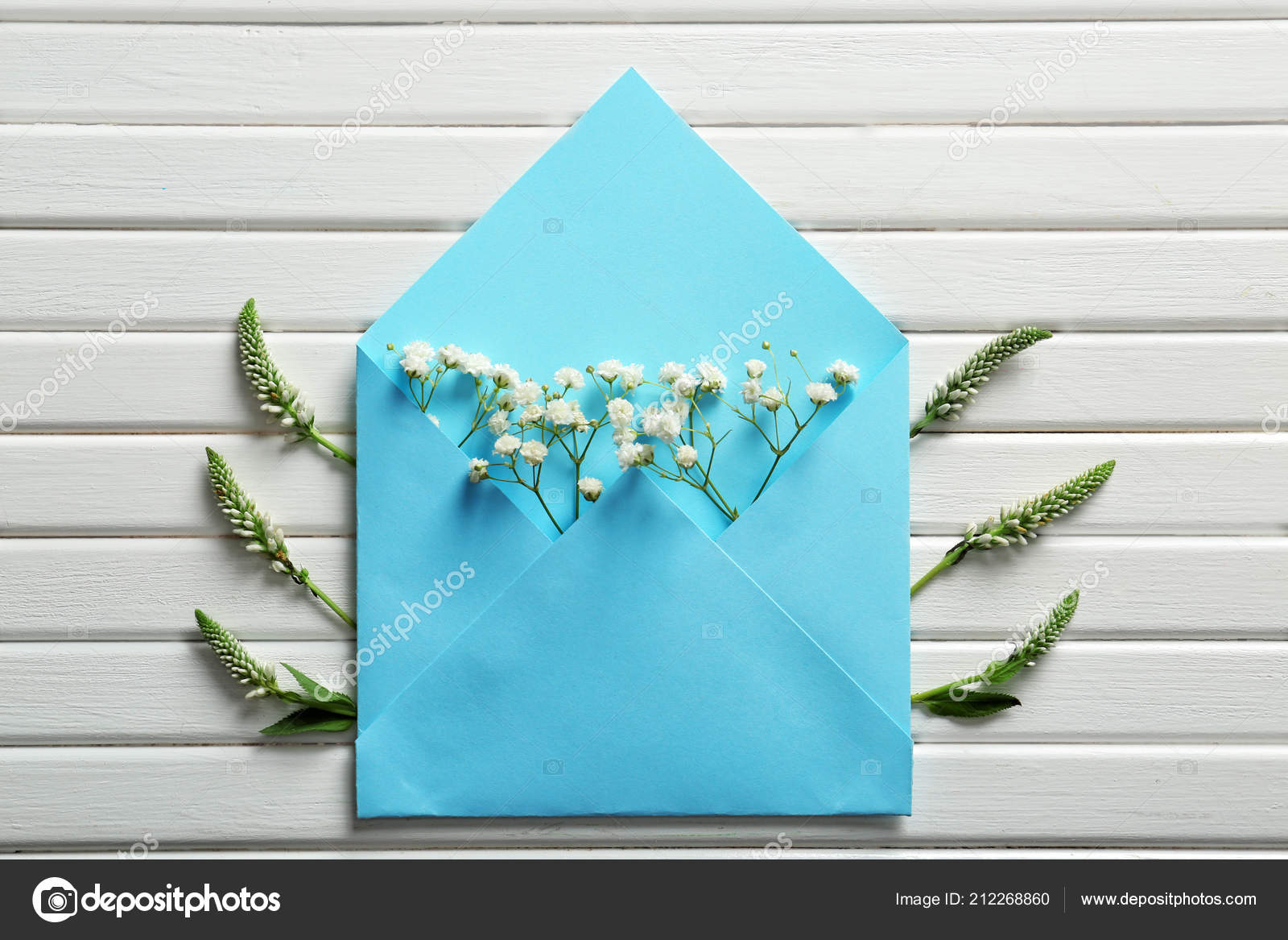 Open Mail Envelope Flowers White Wooden Background Stock Photo by ...