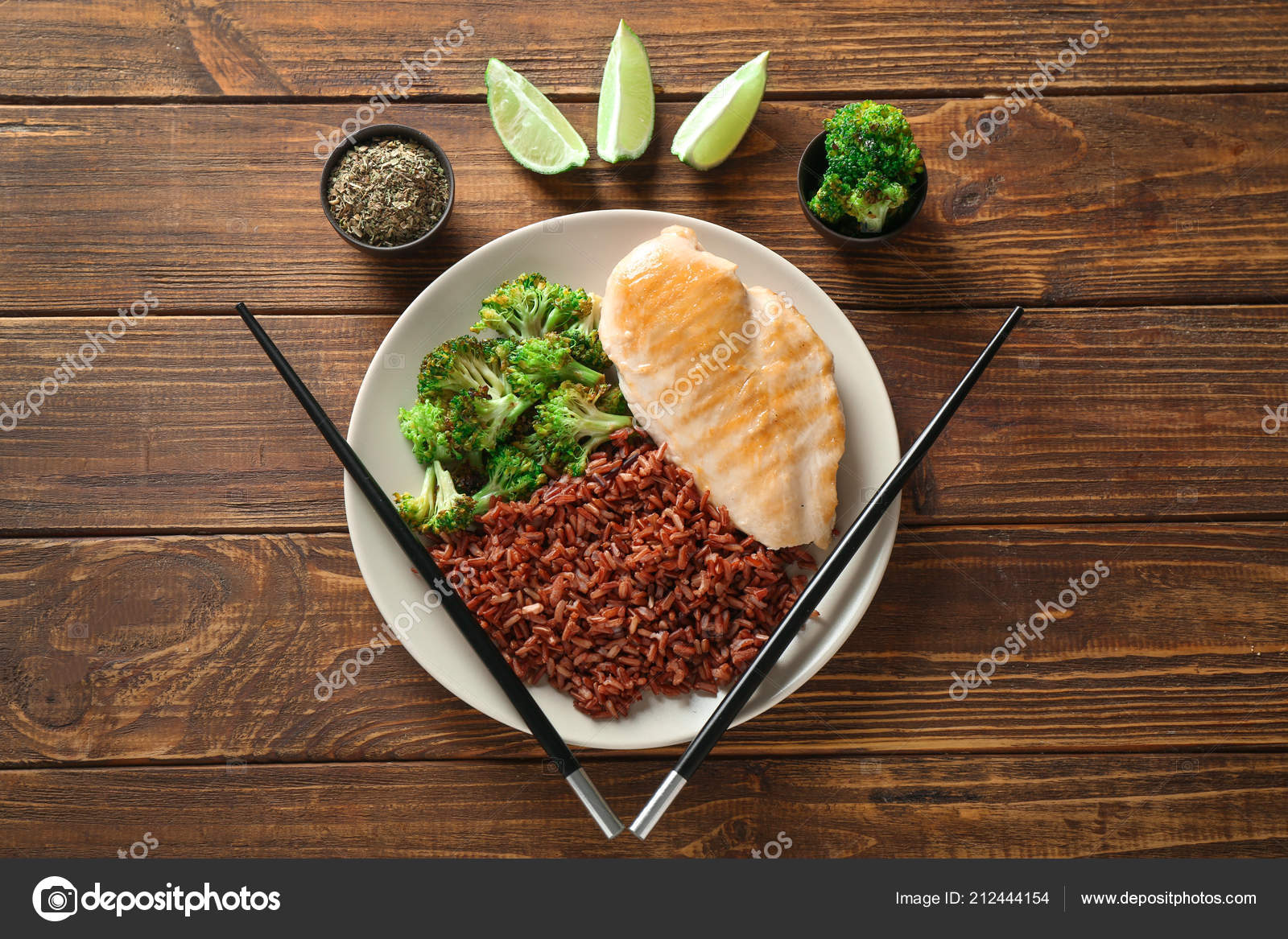 Tasty Boiled Red Rice Meat Broccoli Wooden Table Stock Photo by ... Tasty Boiled Red Rice Meat Broccoli Wooden Table Stock Photo by ...