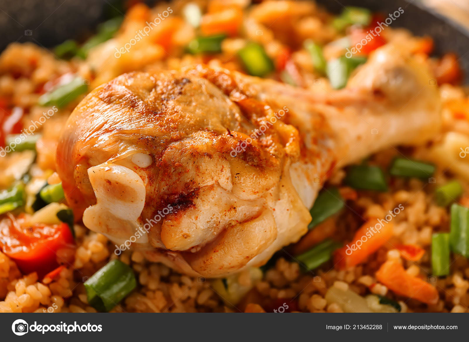 Delicious Boiled Rice Chicken Leg Vegetables Closeup — Stock Photo ...
