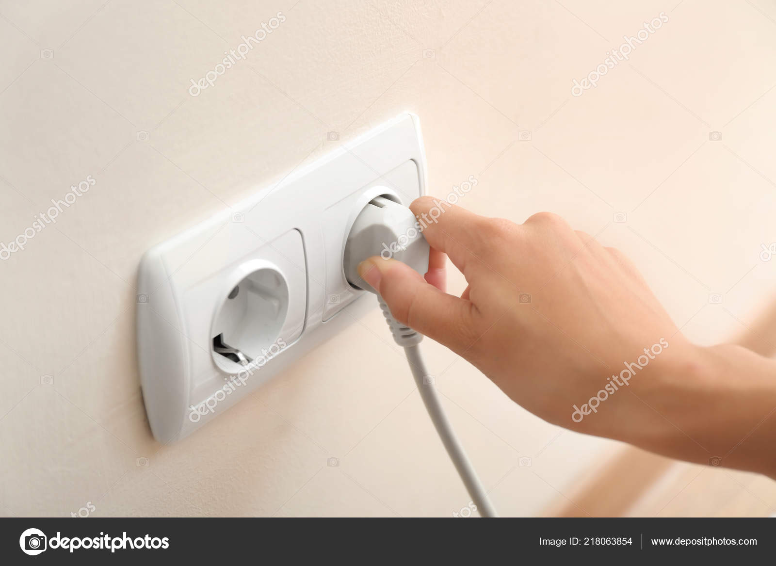 Woman Getting Out Plug Socket Electricity Saving Concept Stock Photo by ...