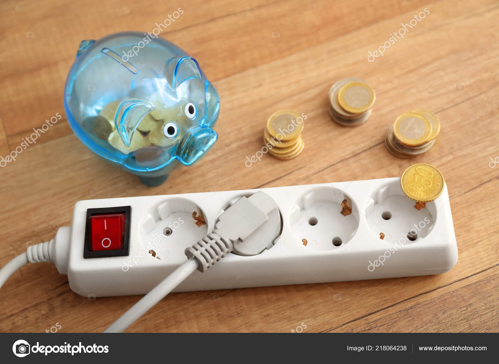 Piggy Bank Coins Extension Cord Floor Electricity Saving Concept ... Piggy Bank Coins Extension Cord Floor Electricity Saving Concept ...