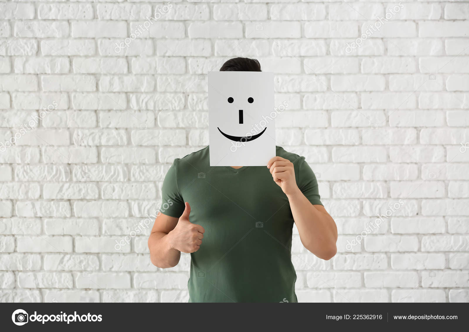 Young Man Hiding Face Sheet Paper Drawn Emoticon White Brick Stock ...