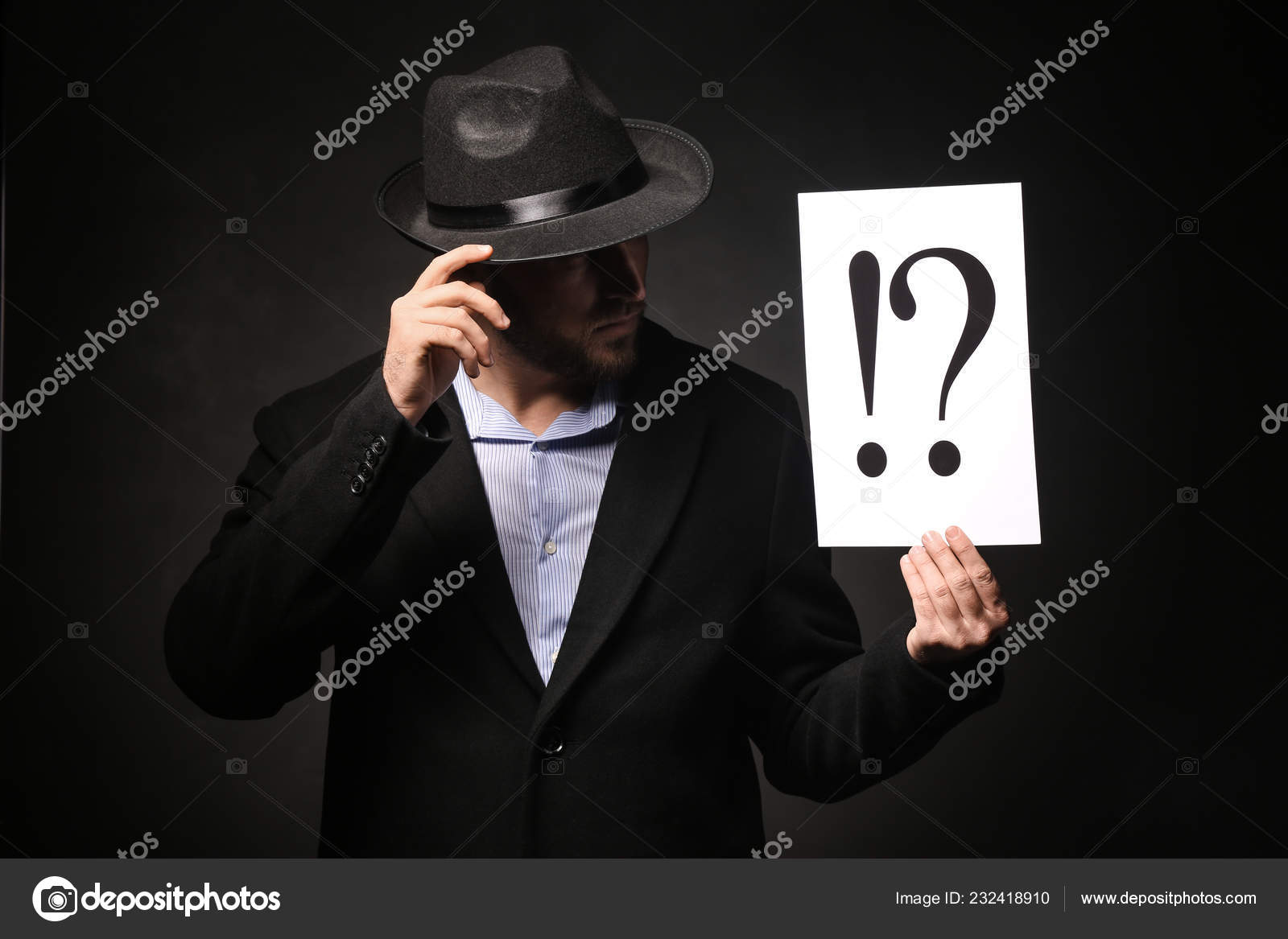 Detective Holding Sheet Paper Exclamation Interrogation Marks Dark ...