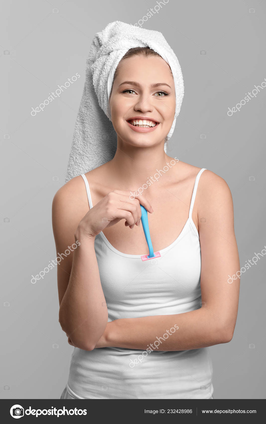 Beautiful Young Woman Razor Grey Background Stock Photo by ©serezniy ...