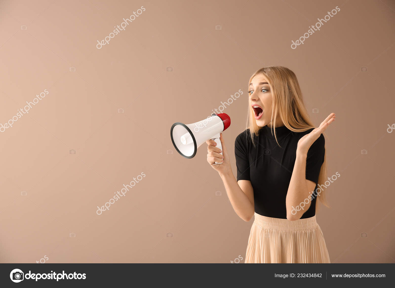 Emotional Young Woman Megaphone Color Background — Stock Photo ... Emotional Young Woman Megaphone Color Background — Stock Photo ...