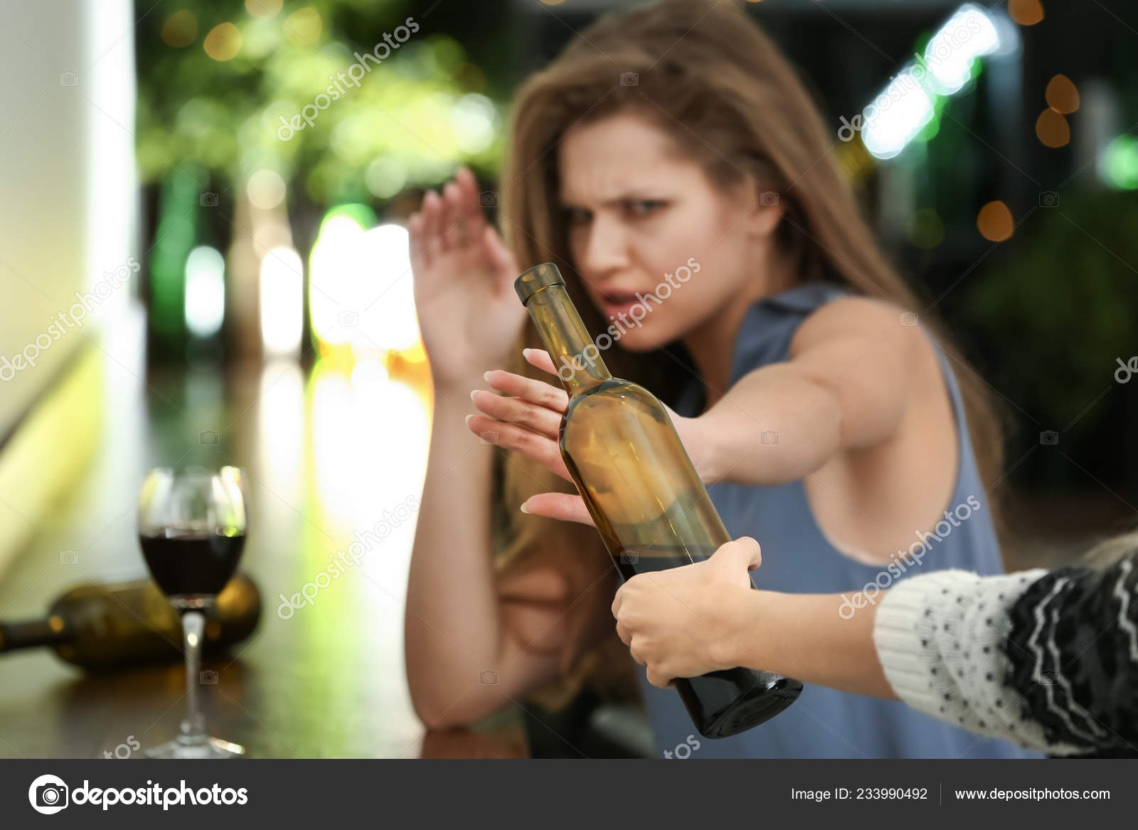 Young Woman Refusing Drink Alcohol Bar — Stock Photo © serezniy #233990492