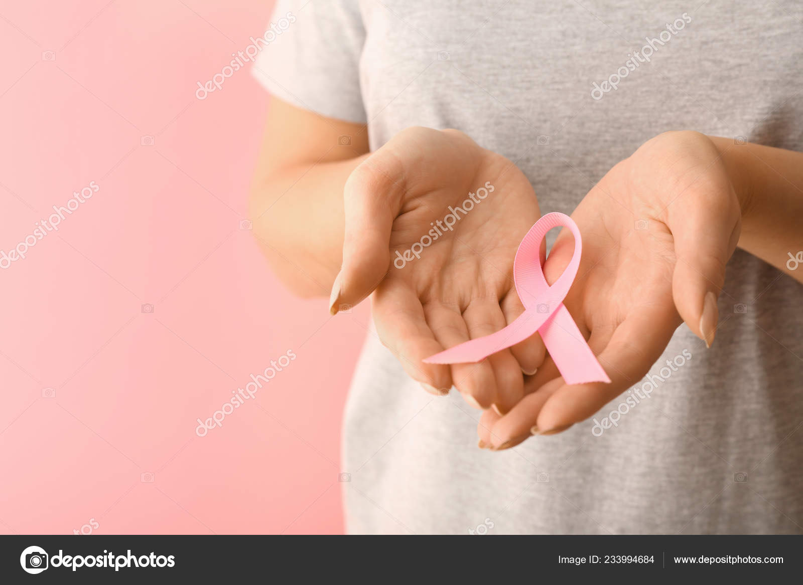 Woman Pink Ribbon Color Background Breast Cancer Awareness Concept
