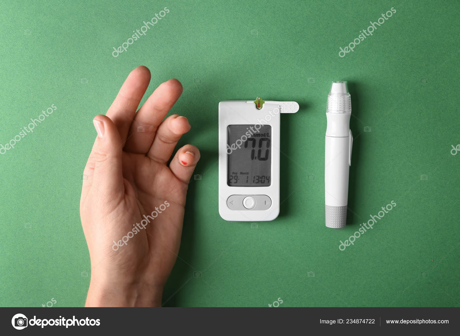 Woman Measuring Glucose Level Digital Glucometer Color Background ...