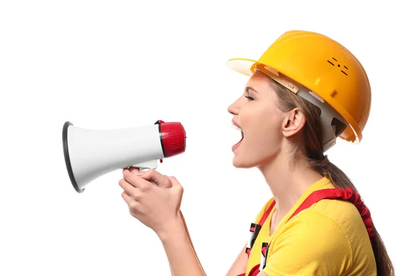 Megaphone screaming engineer contractor business woman with hard hat ...
