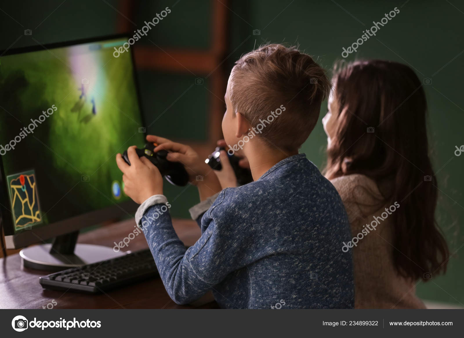 Cute Little Children Playing Computer Game Home — Stock Photo ...