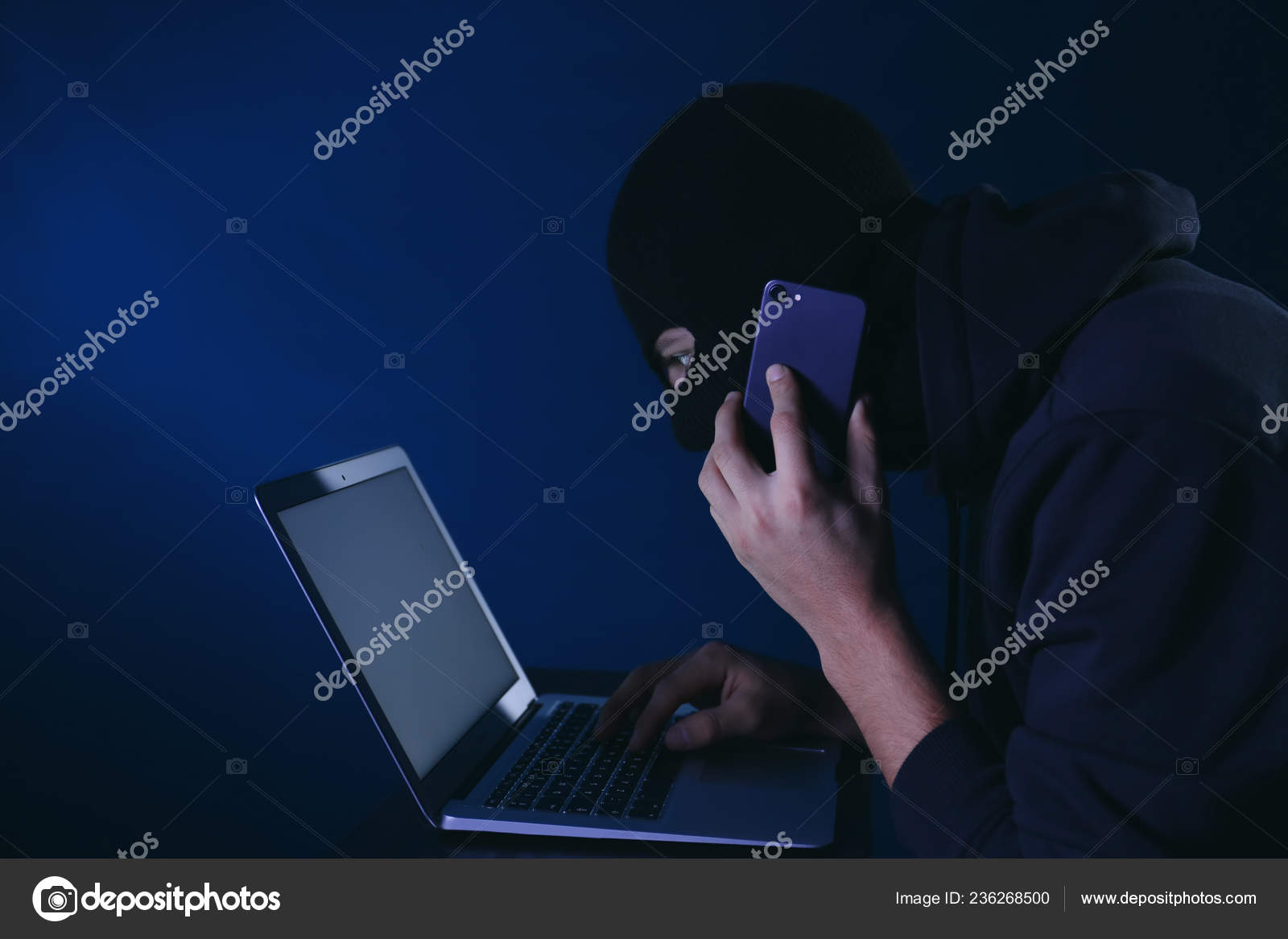 Professional Hacker Mobile Phone Using Laptop Dark Background — Stock ...