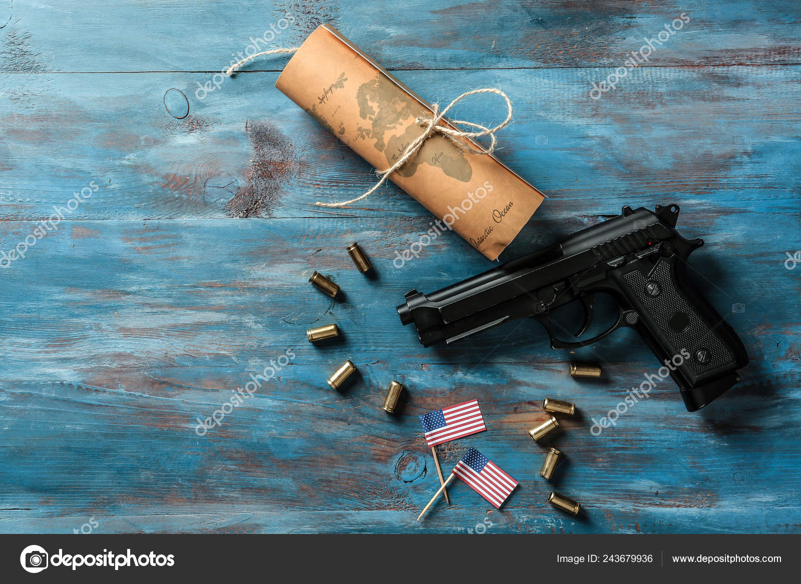 Pistol World Map Bullets Usa Flags Wooden Background — Stock Photo ...