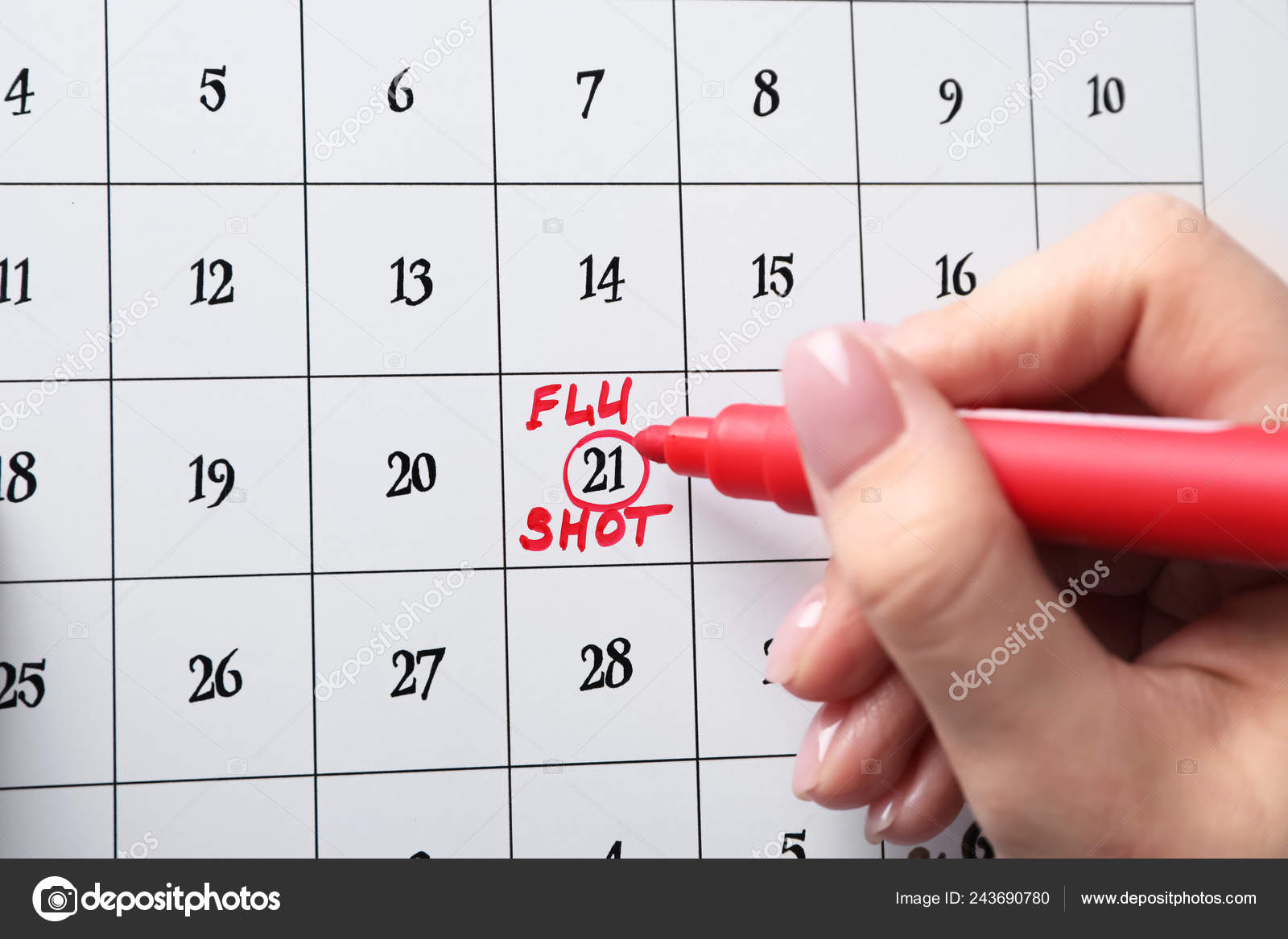 Woman Writing Text Flu Shot Calendar Marking Date Closeup Stock Photo ...