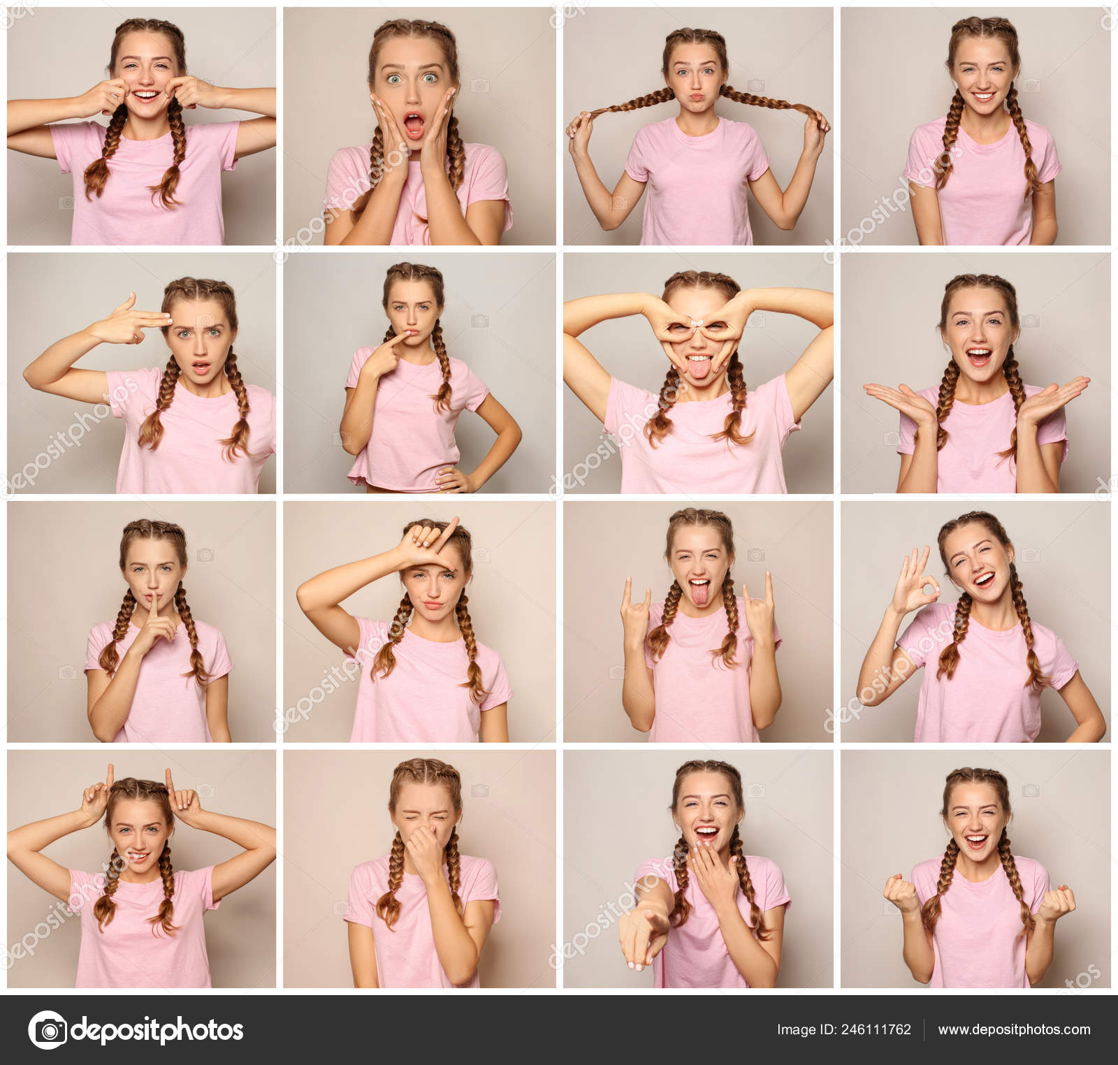 Beautiful Young Woman Different Emotions Light Background Stock Photo ...